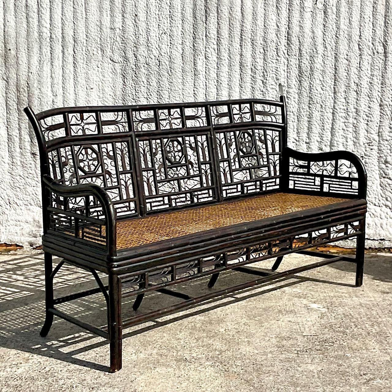 Vintage Boho Cottage and Bungalow Ebony Rattan and Cane Bahamian Triple ...