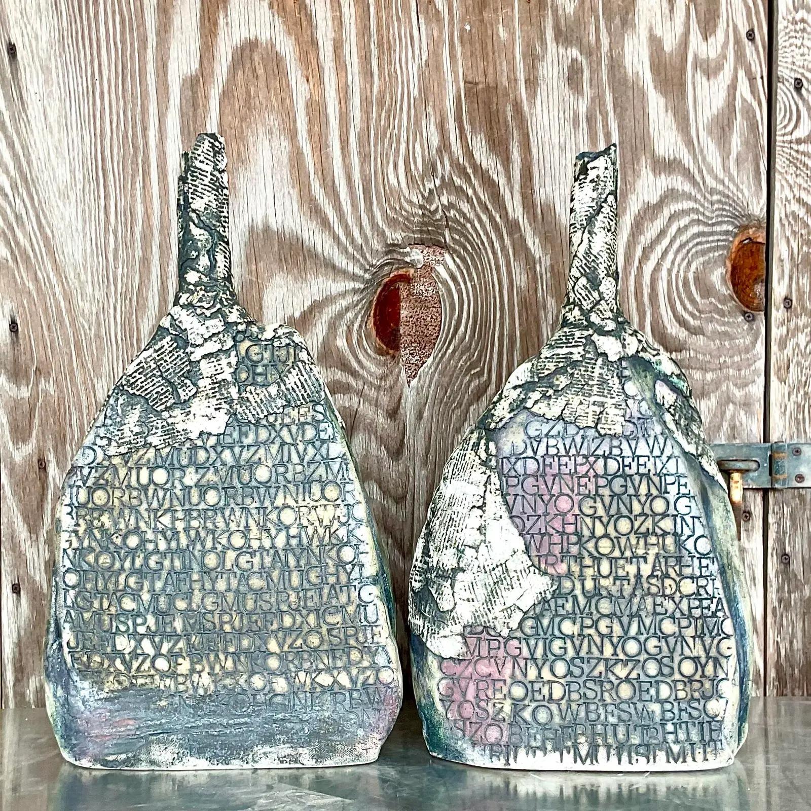 Vintage Boho Signed Studio Pottery Vases - a Pair For Sale at 1stDibs
