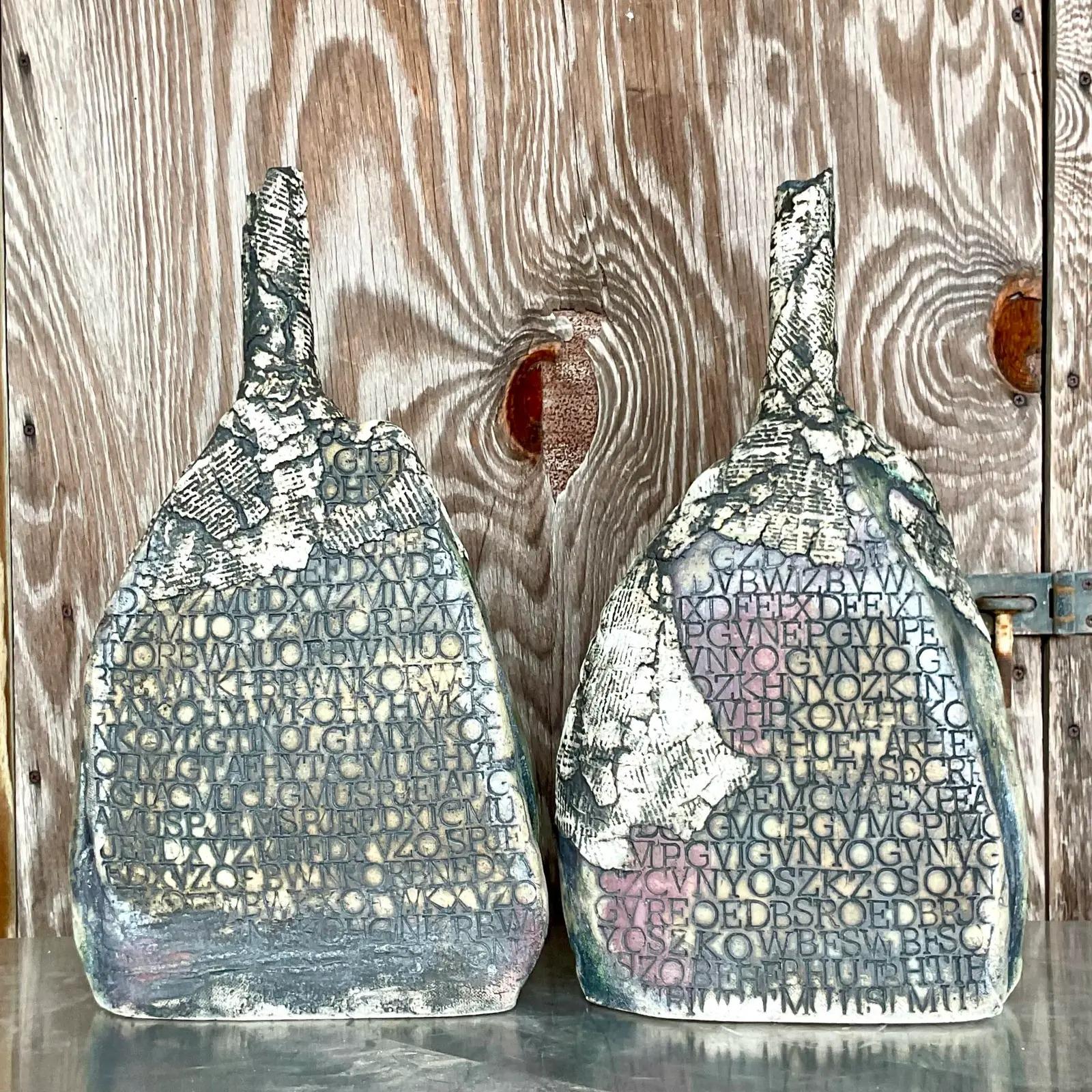 Vintage Boho Signed Studio Pottery Vases - a Pair For Sale at 1stDibs