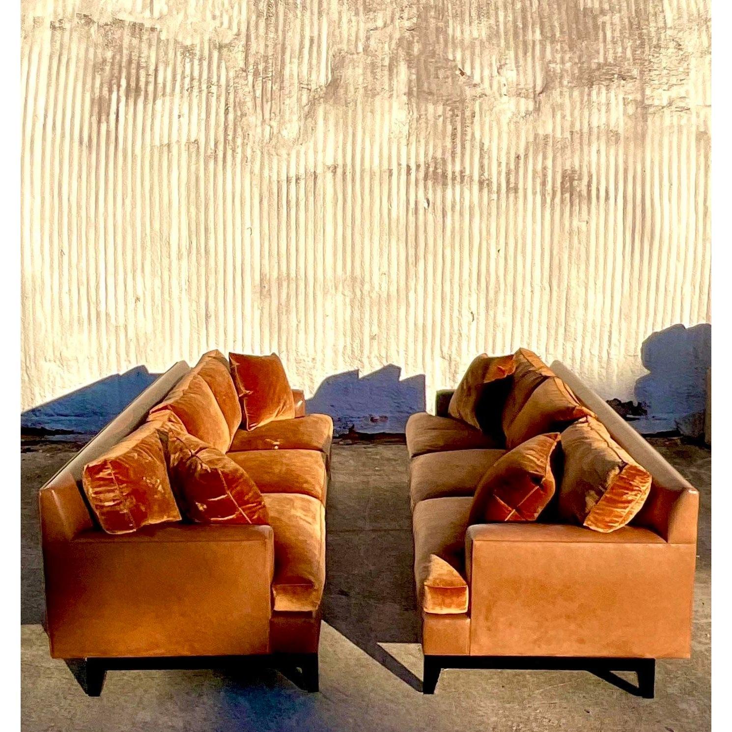 Vintage Boho Custom Built Leather and Velvet Sofa For Sale at 1stDibs