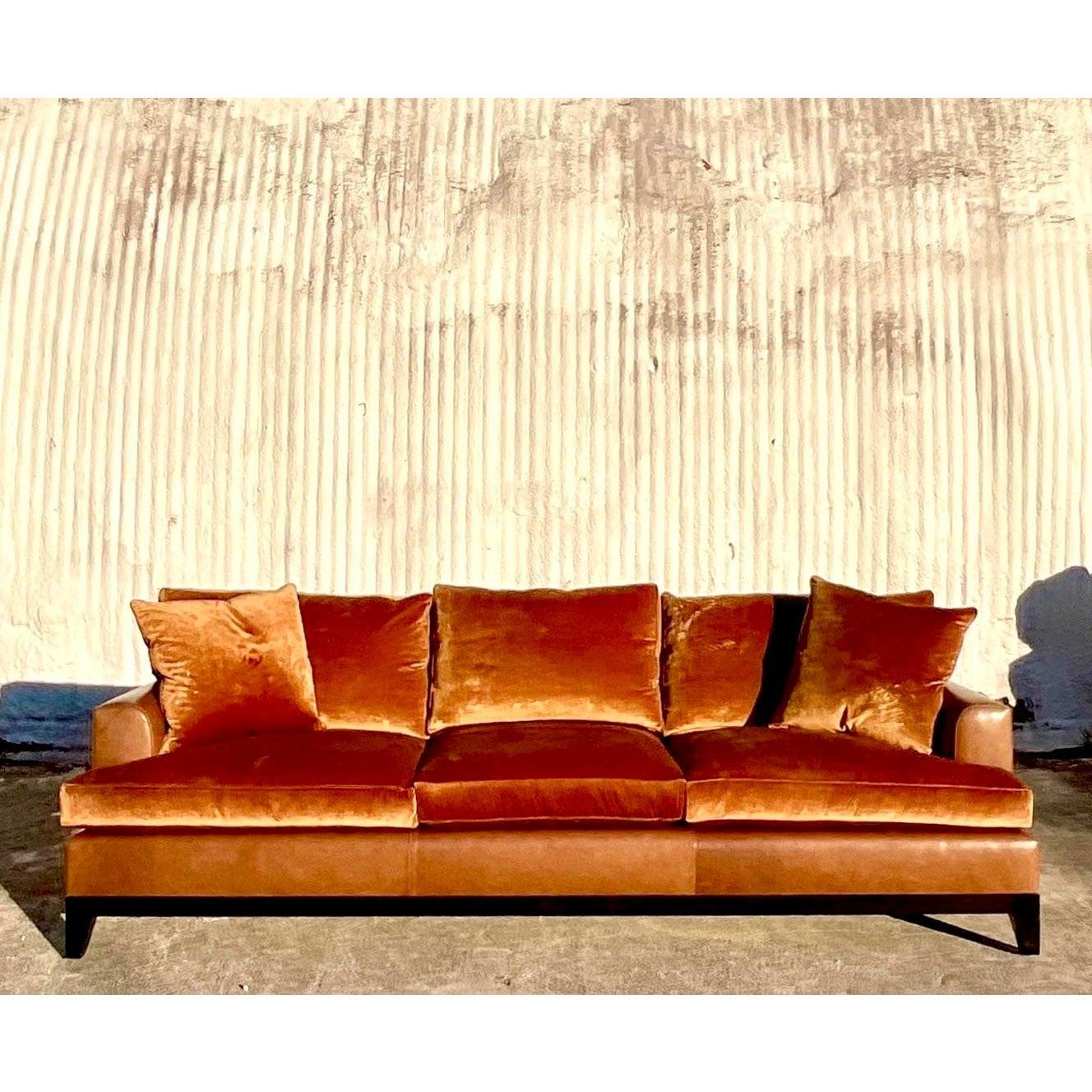 Vintage Boho Custom Built Leather and Velvet Sofa For Sale at 1stDibs