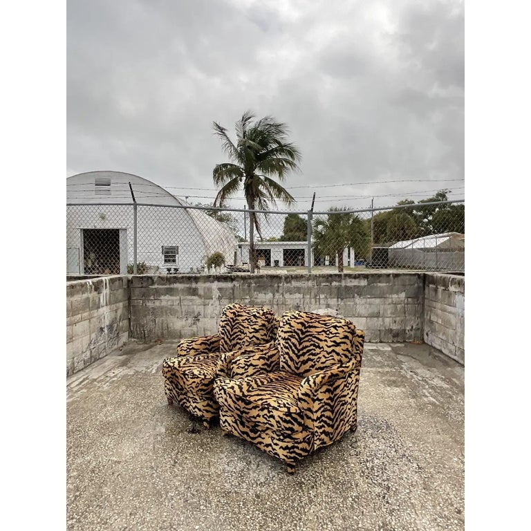 Vintage Boho Custom Tiger Striped Devore Club Chairs - a Pair at 1stDibs