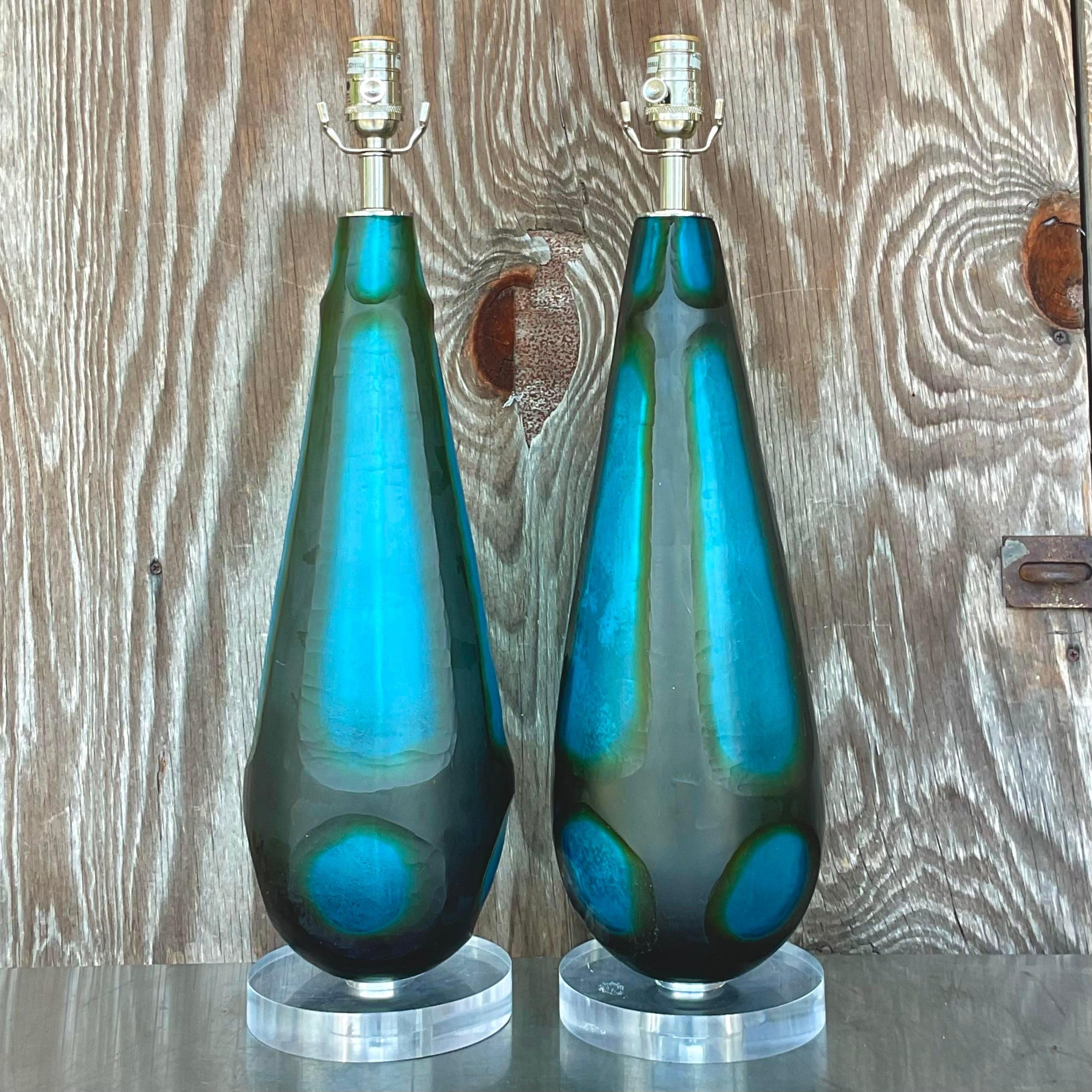 Vintage Boho Cut Glass Table Lamps - a Pair For Sale at 1stDibs