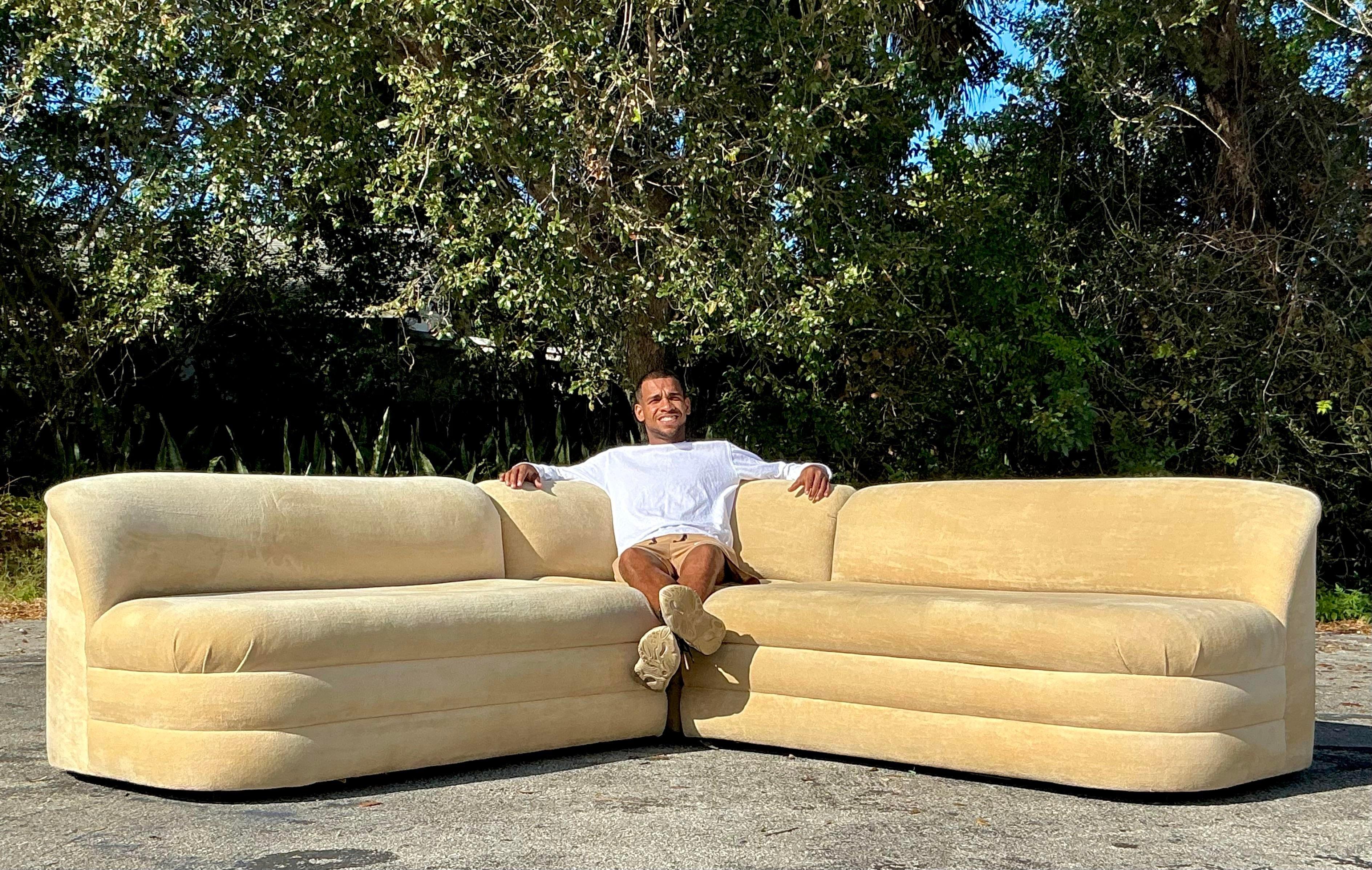 Vintage Boho Directional Channel Tufted Sectional Sofa For Sale at 1stDibs