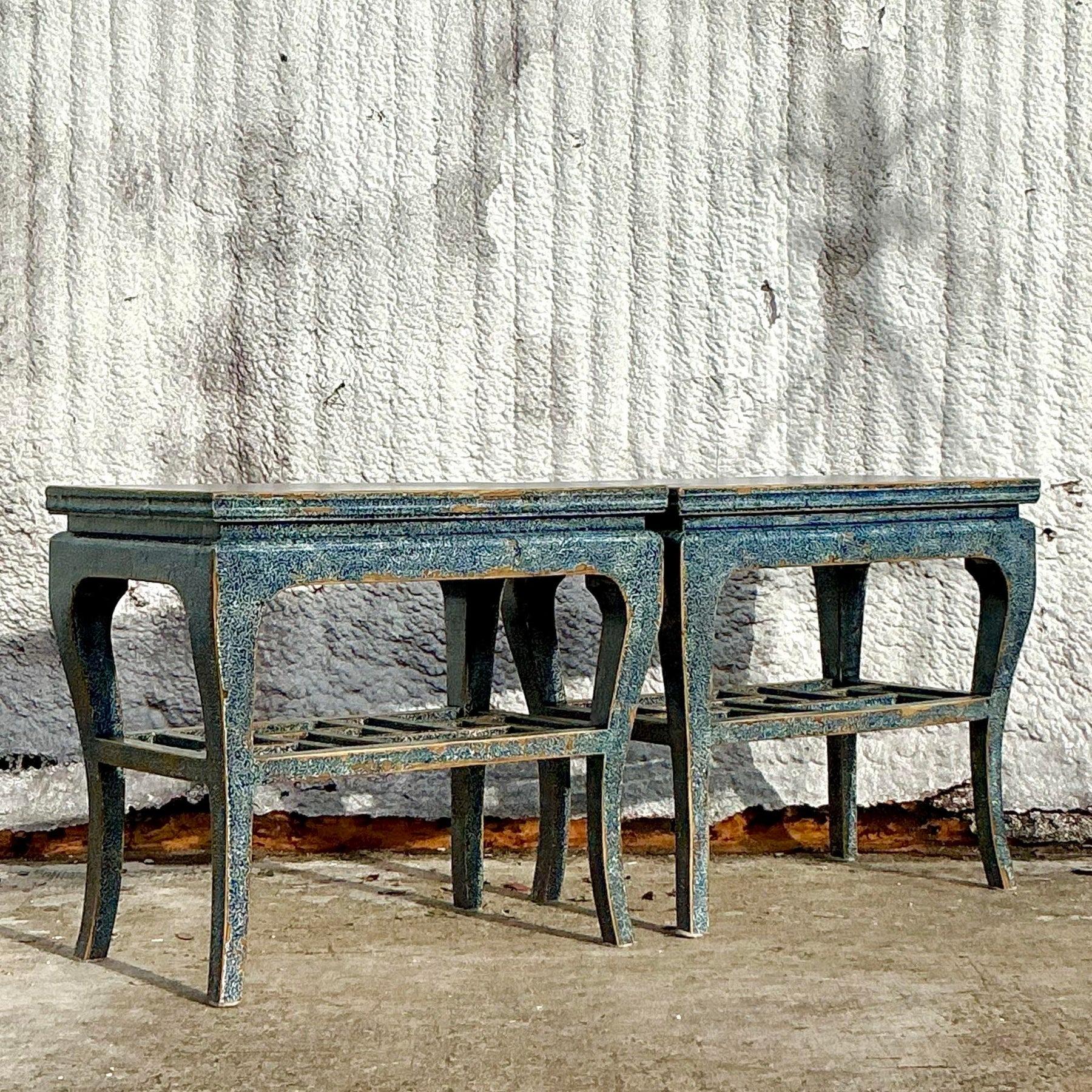 Vintage Boho Distressed Side Tables - a Pair For Sale at 1stDibs