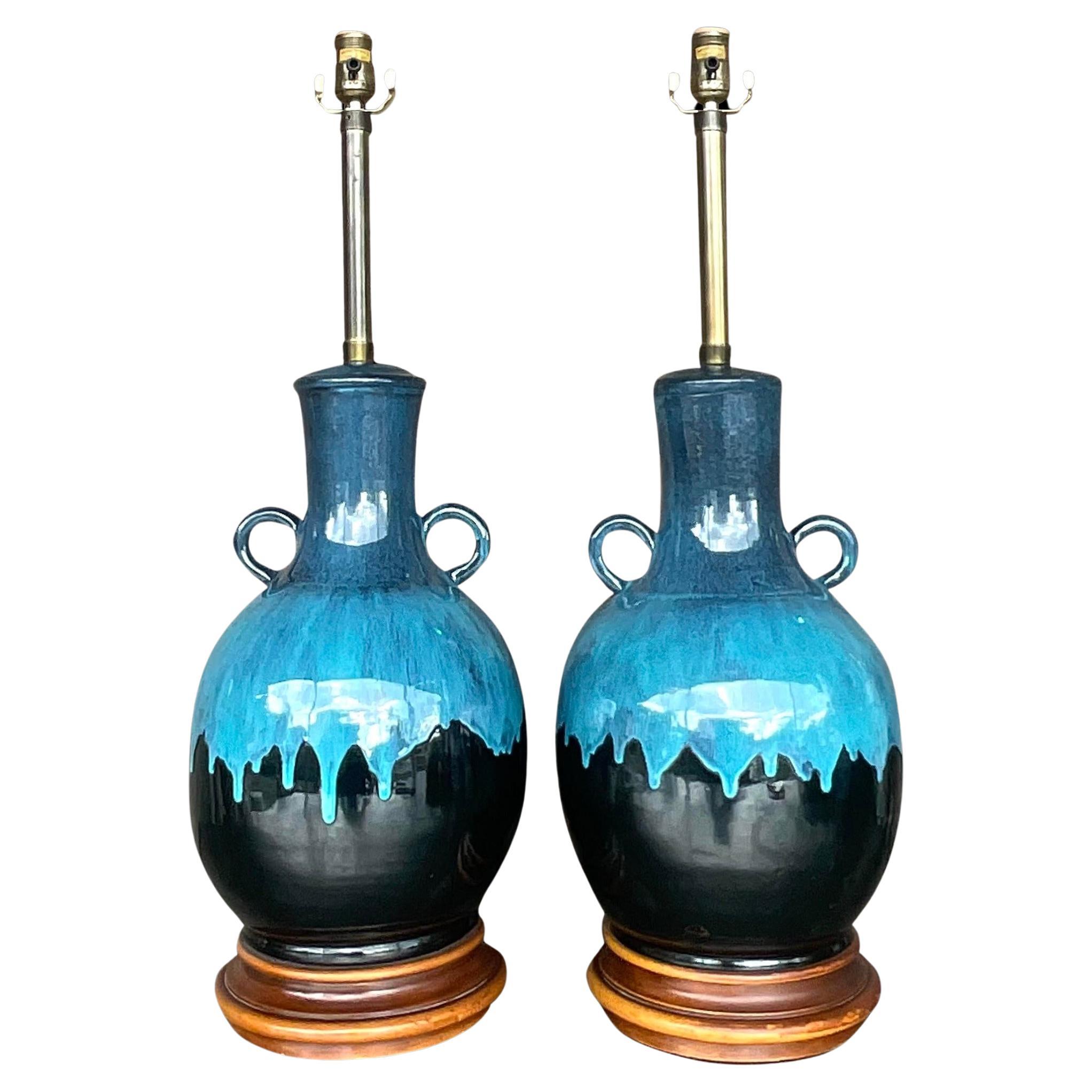 Pair of Brown Peacock Drip Glaze Lamps at 1stDibs