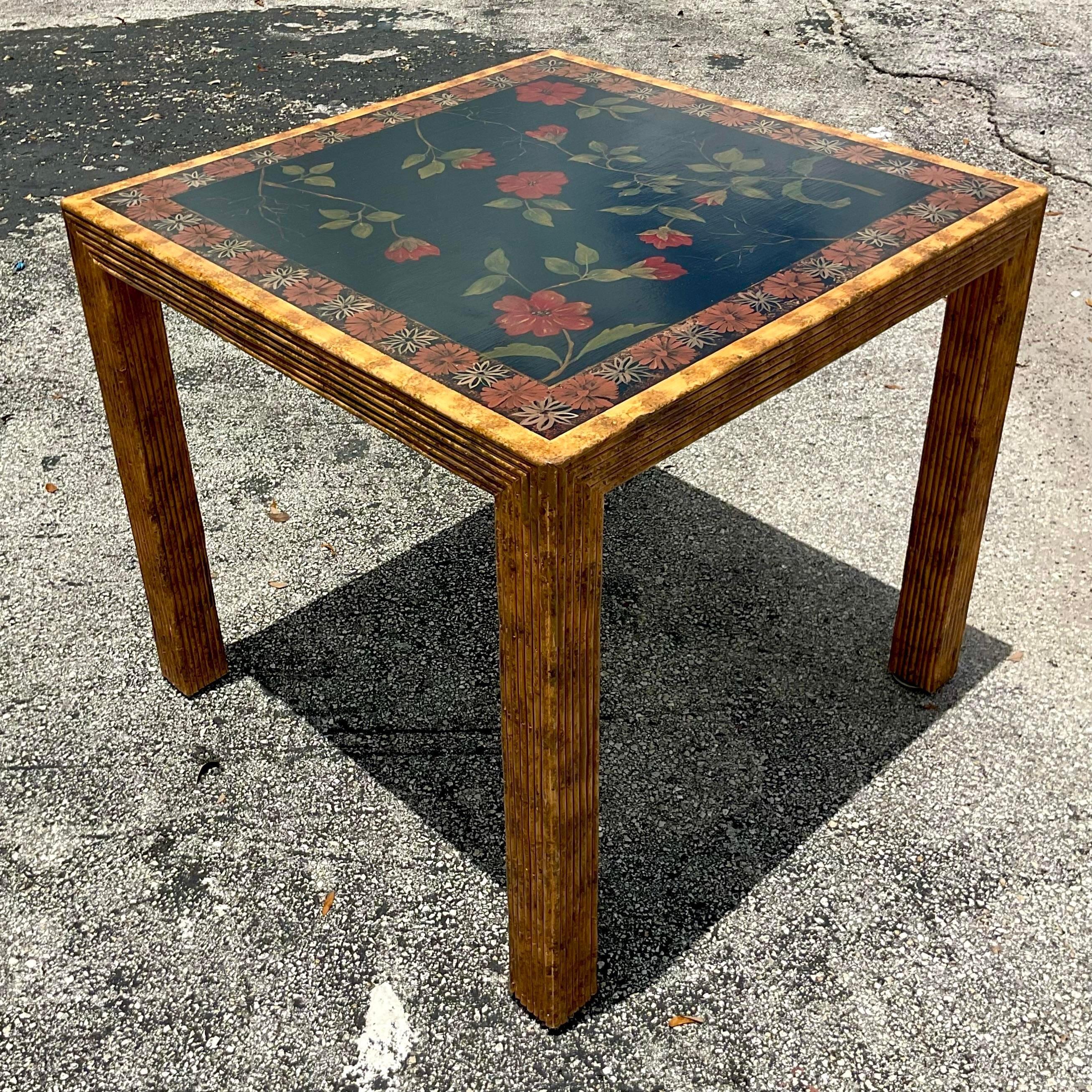 Vintage Boho Faux Finished Pencil Reed Game Table For Sale at 1stDibs