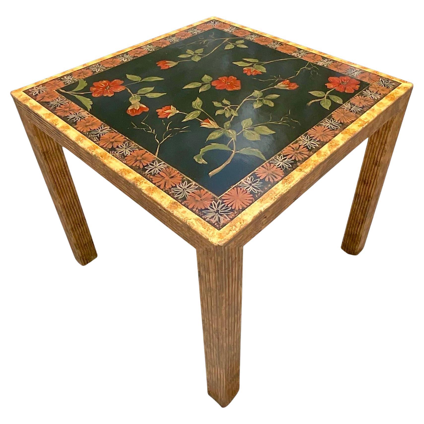 Vintage Boho Faux Finished Pencil Reed Game Table For Sale at 1stDibs