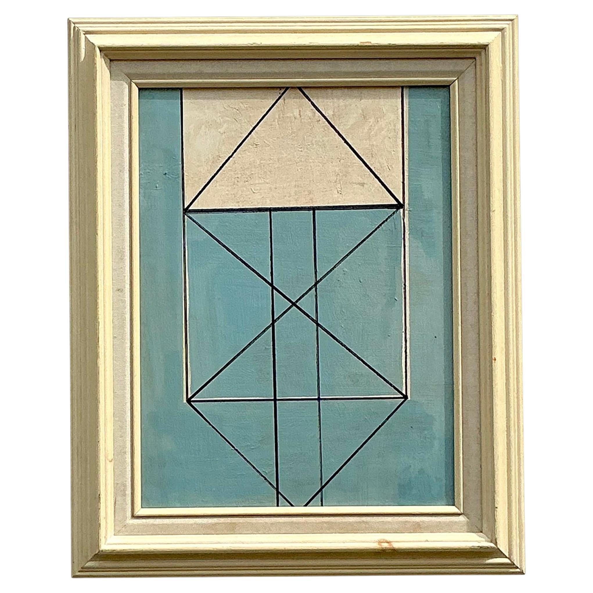 Vintage Boho Geometric Abstract Oil on Board at 1stDibs