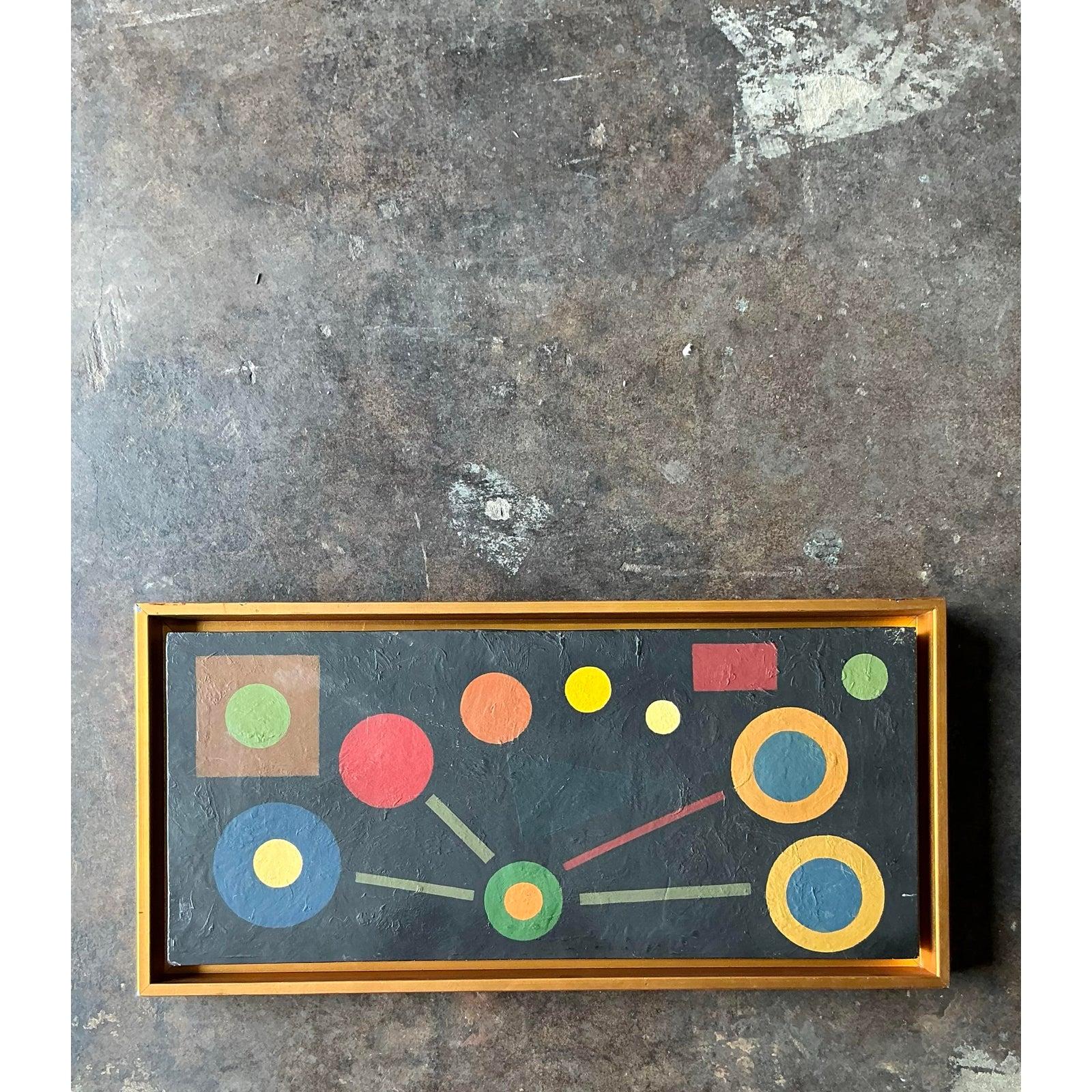 Vintage Boho Geometric Abstract Oil Painting on Board For Sale at 1stDibs