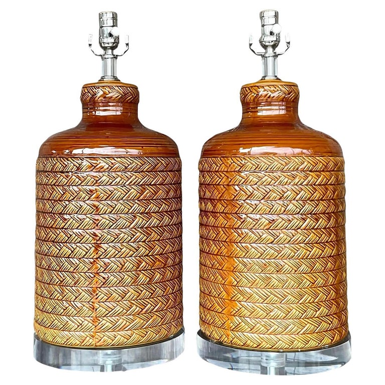 Vintage Boho Glazed Ceramic Braided Rope Table Lamps - a Pair at 1stDibs