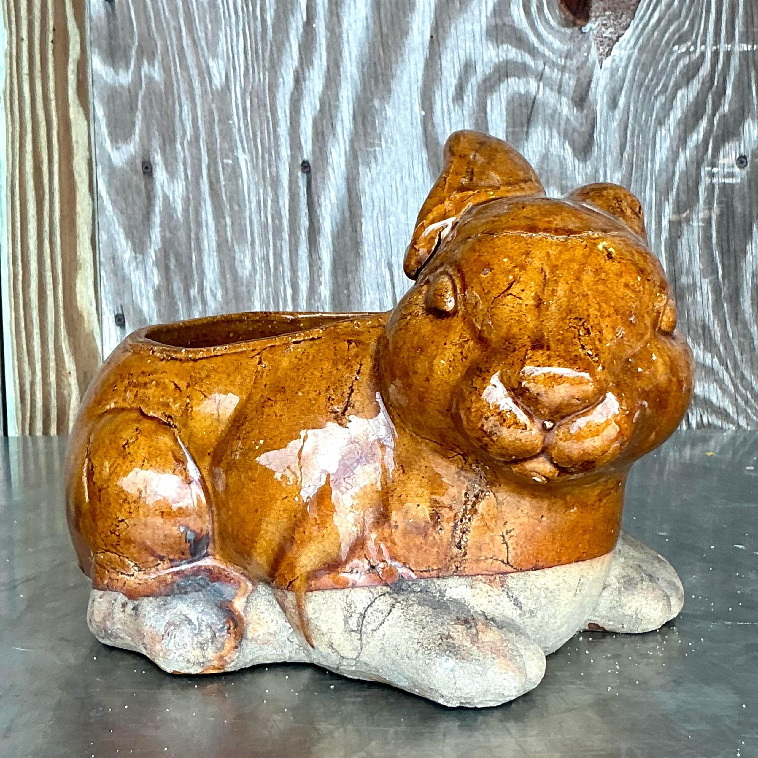 Vintage Boho Glazed Ceramic Bunny Planter For Sale at 1stDibs