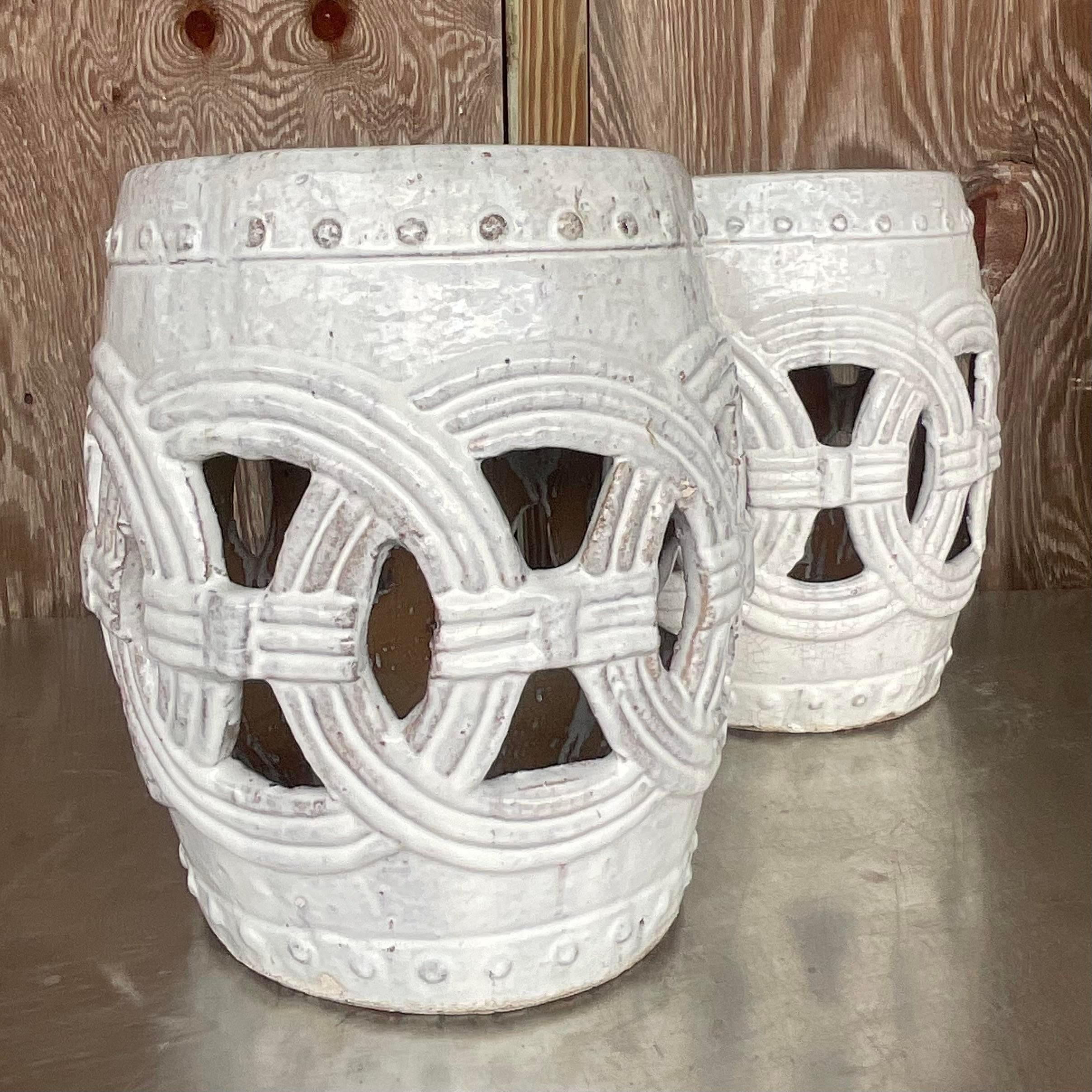 Vintage Boho Glazed Ceramic Cutout Low Stools - a Pair For Sale at 1stDibs