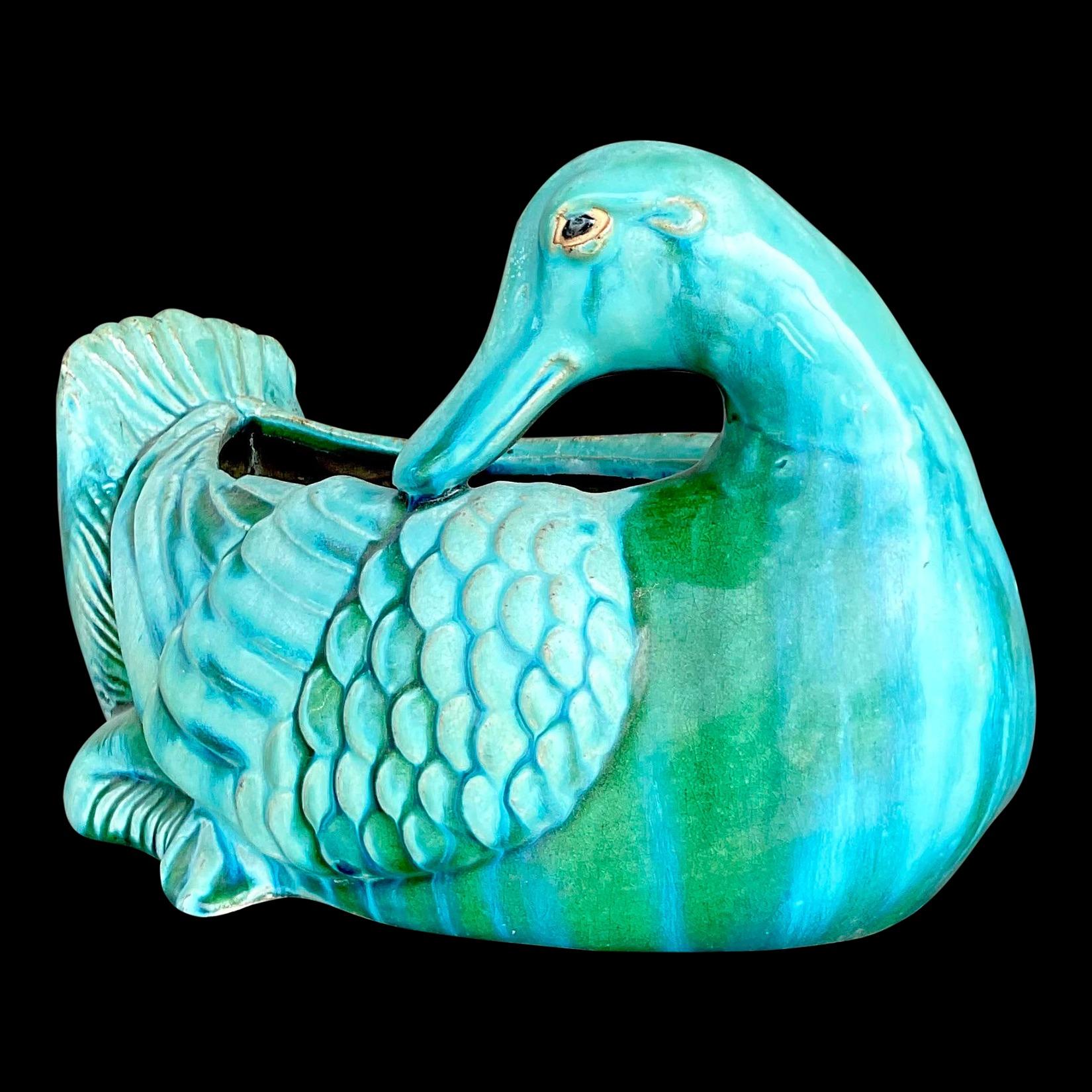 Vintage Boho Glazed Ceramic Duck Planter For Sale at 1stDibs