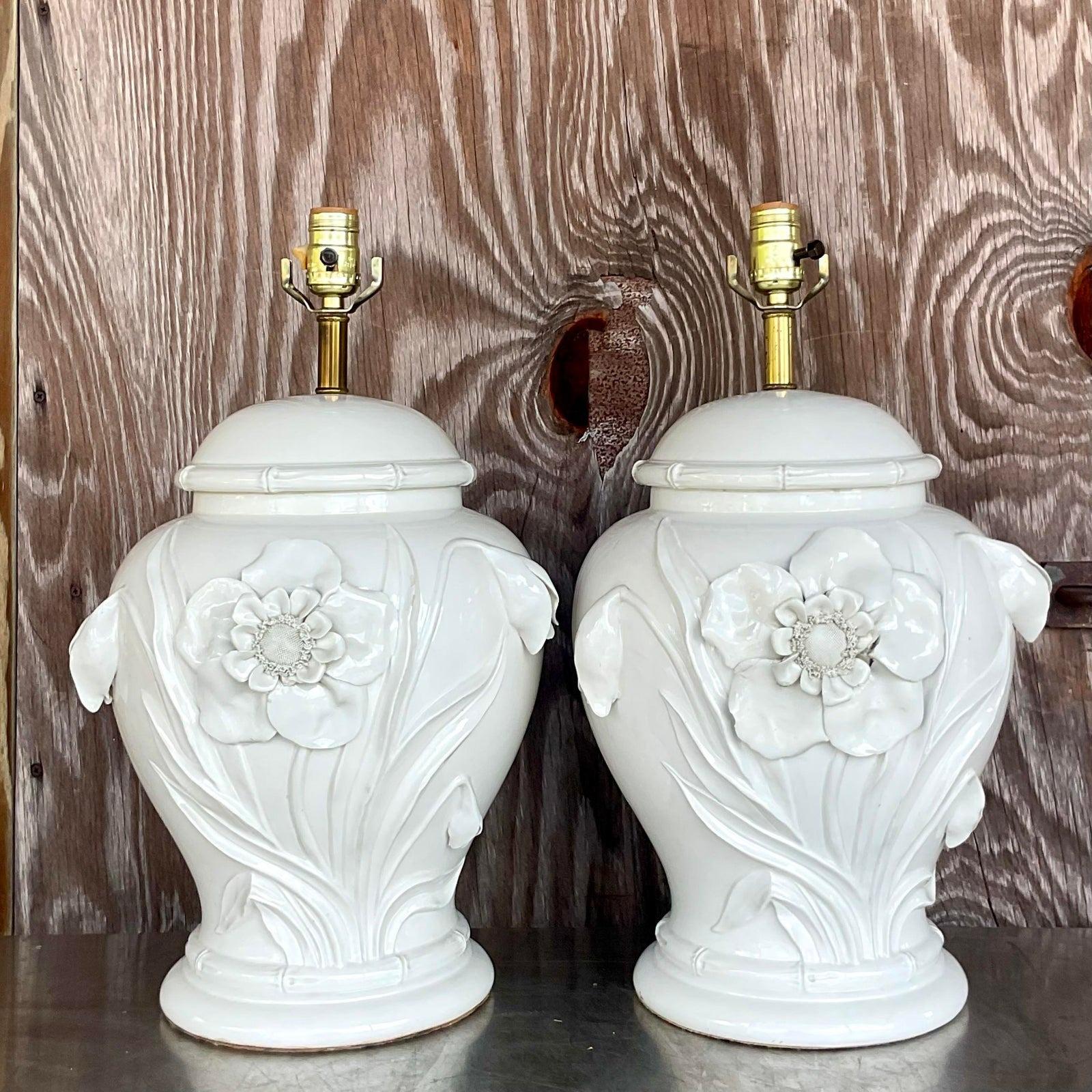 Vintage Boho Glazed Ceramic Floral Lamps - a Pair For Sale at 1stDibs