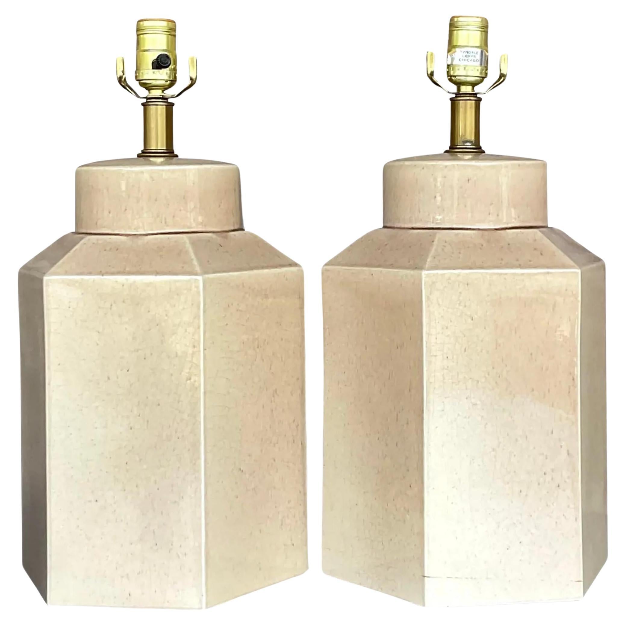 Vintage Boho Glazed Ceramic Hexagon Table Lamps - a Pair For Sale at ...