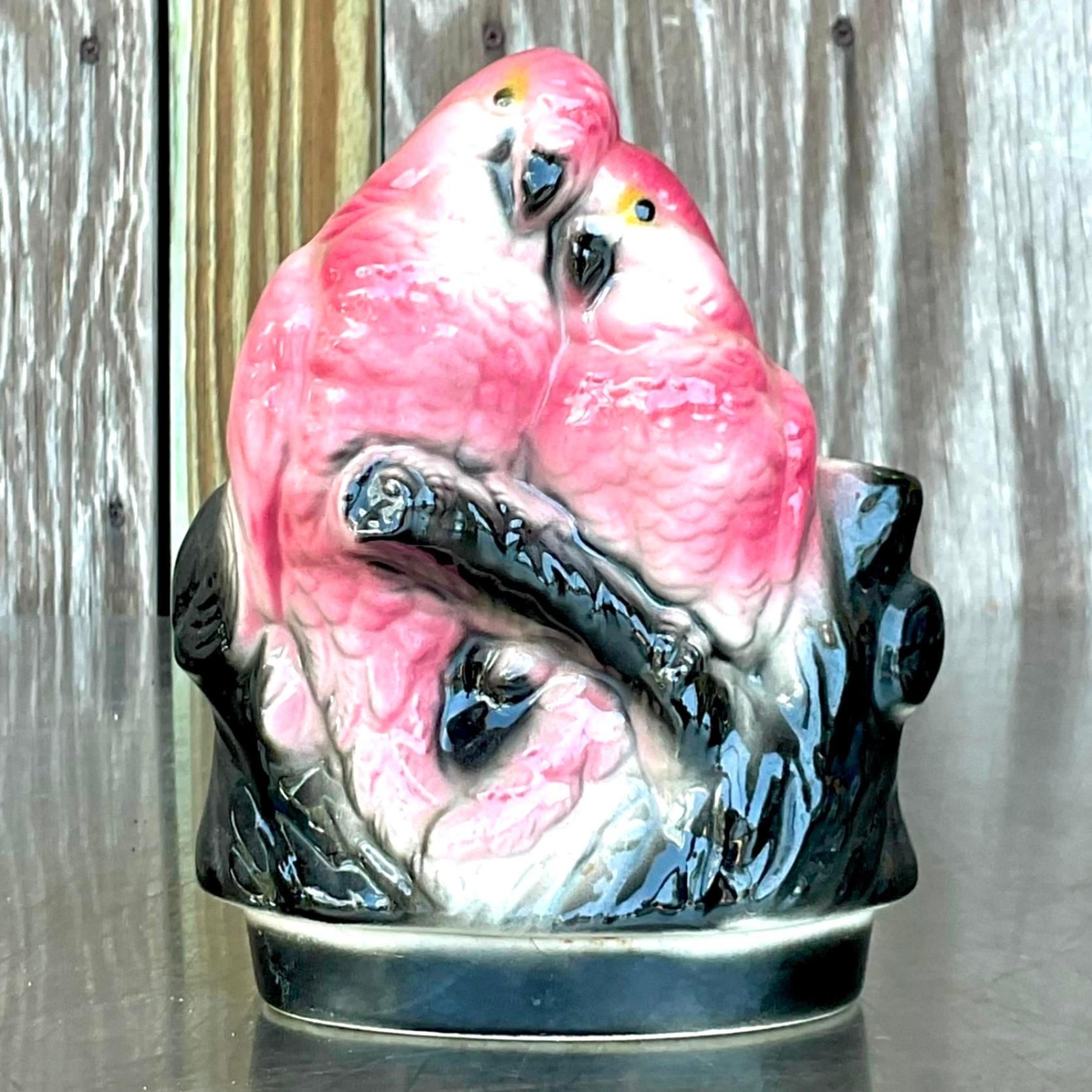 Vintage Boho Glazed Ceramic Parakeet Planter For Sale at 1stDibs