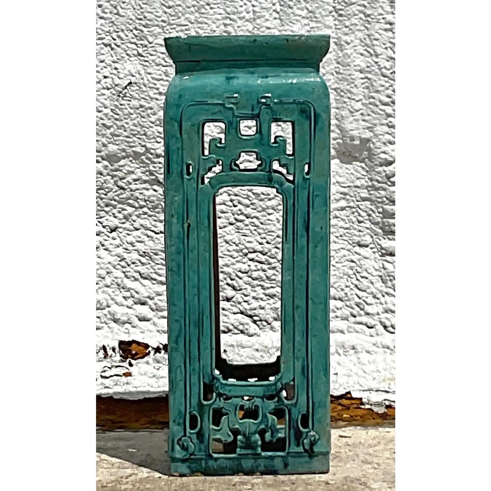 Vintage Boho Glazed Ceramic Pedestal For Sale at 1stDibs