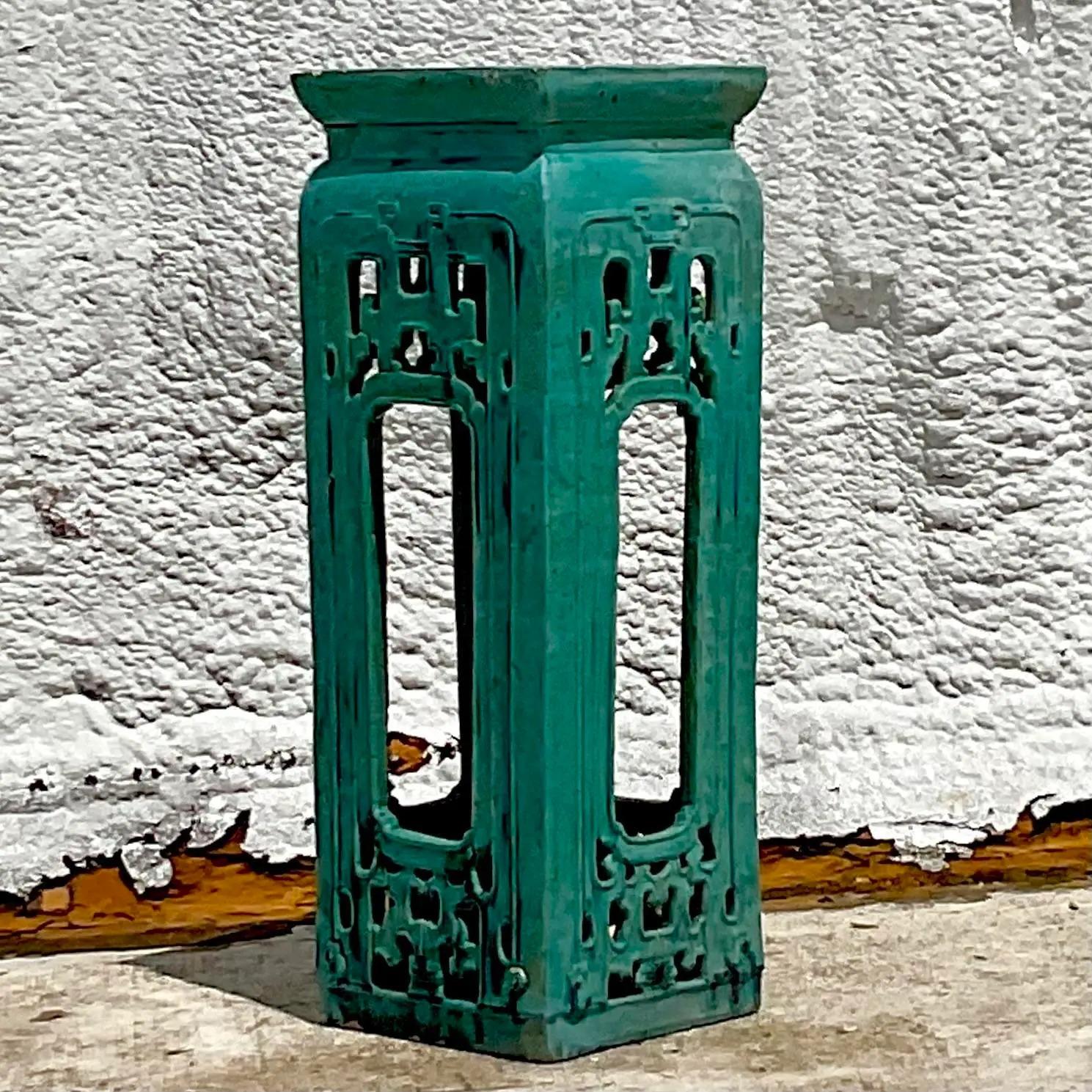 Vintage Boho Glazed Ceramic Pedestal For Sale at 1stDibs