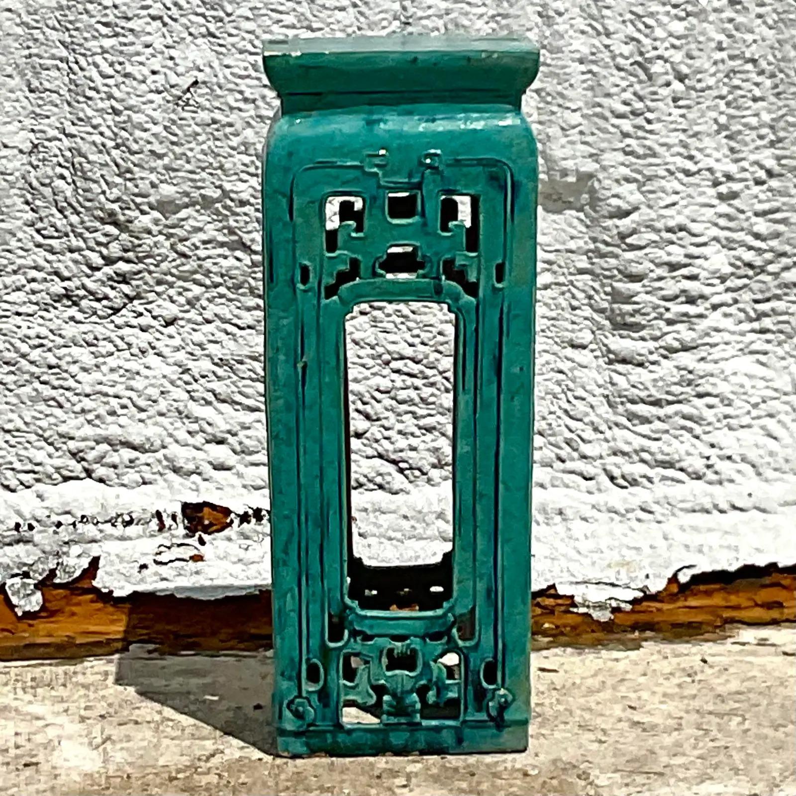 Vintage Boho Glazed Ceramic Pedestal For Sale at 1stDibs