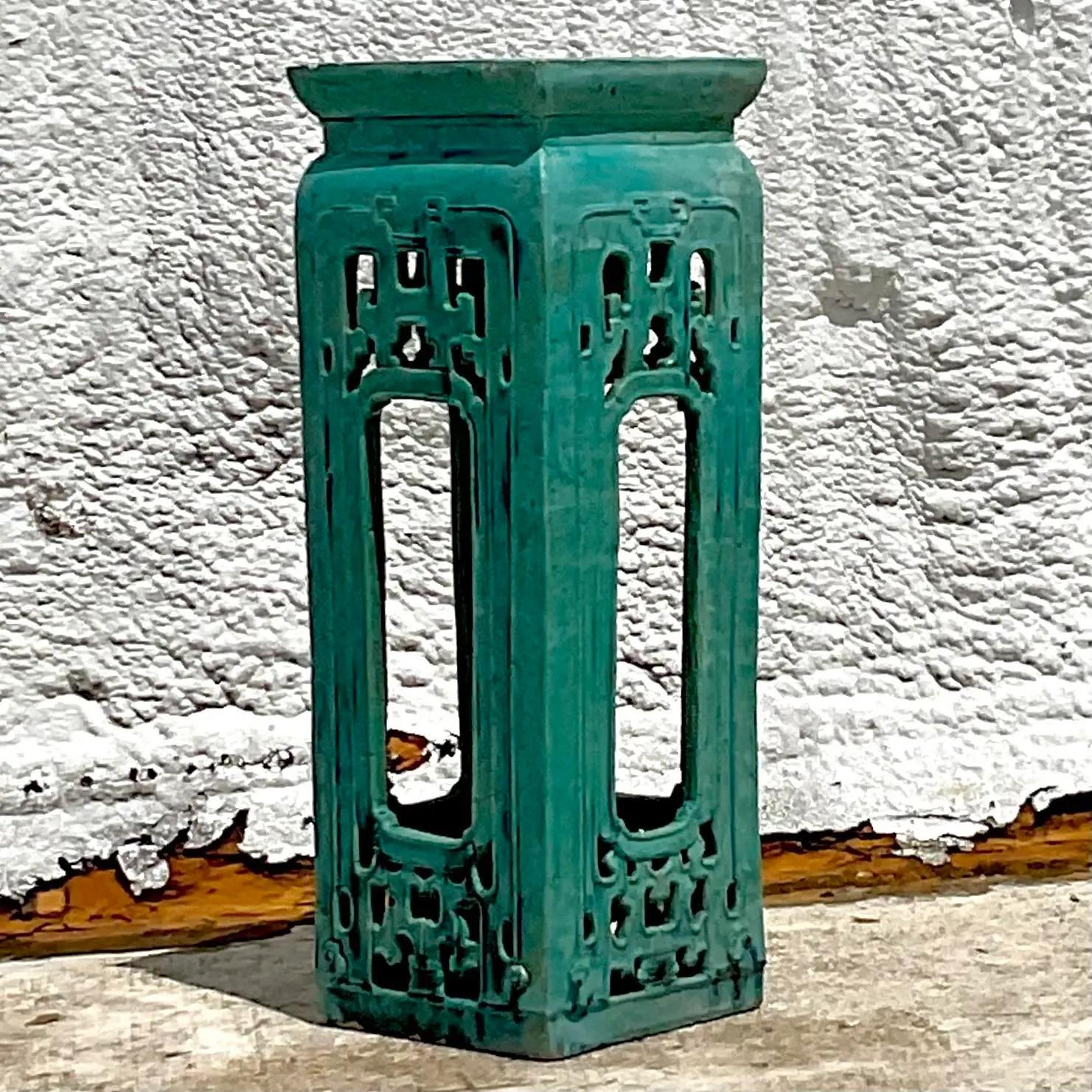 Vintage Boho Glazed Ceramic Pedestal For Sale at 1stDibs
