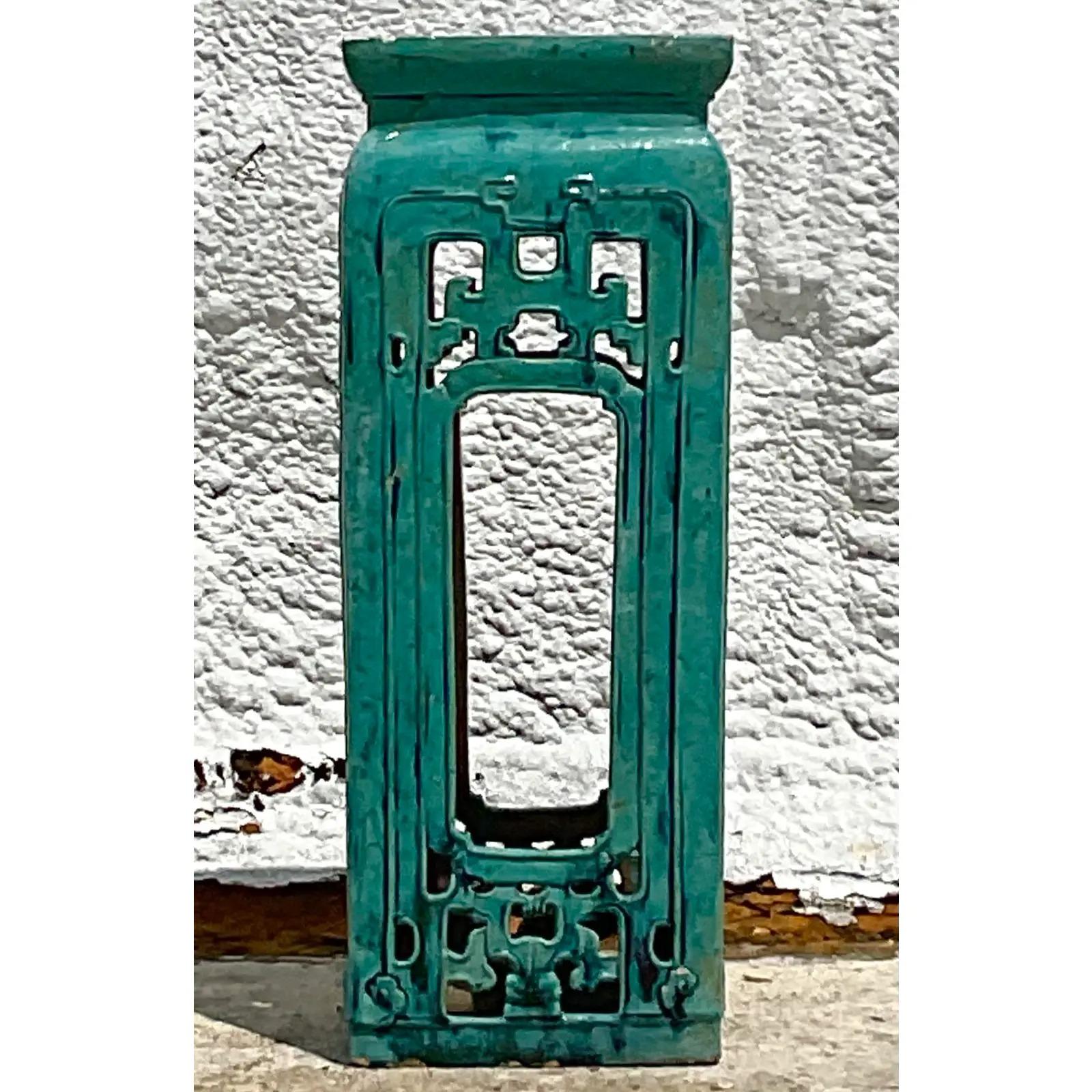 Vintage Boho Glazed Ceramic Pedestal For Sale at 1stDibs