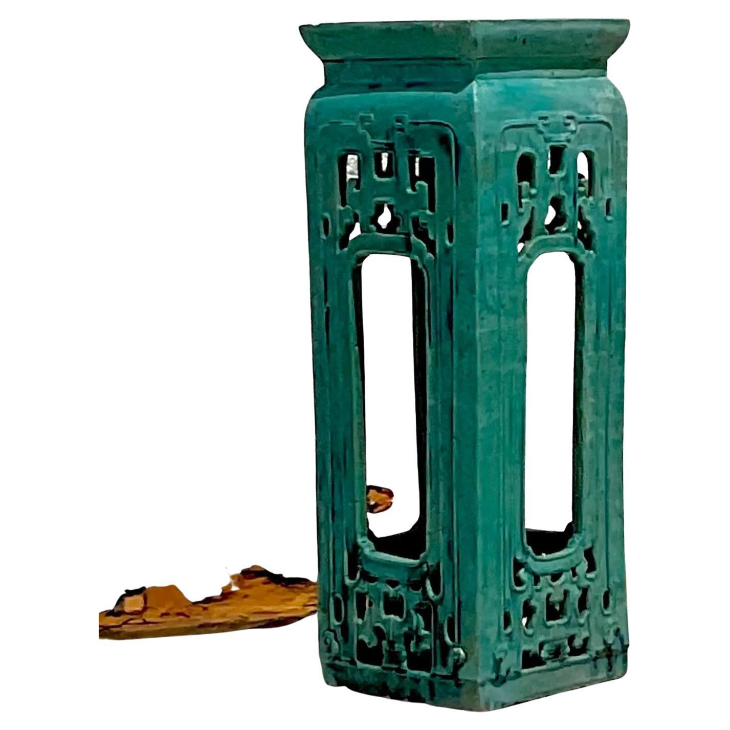 Vintage Boho Glazed Ceramic Pedestal For Sale at 1stDibs