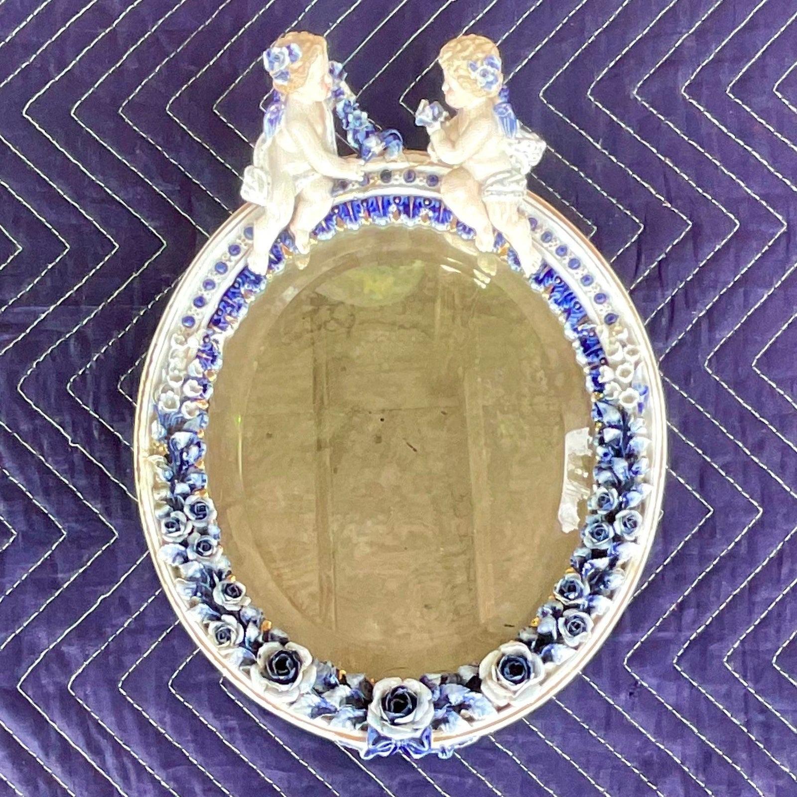Vintage Boho Glazed Ceramic Putti Cherub Mirror For Sale at 1stDibs