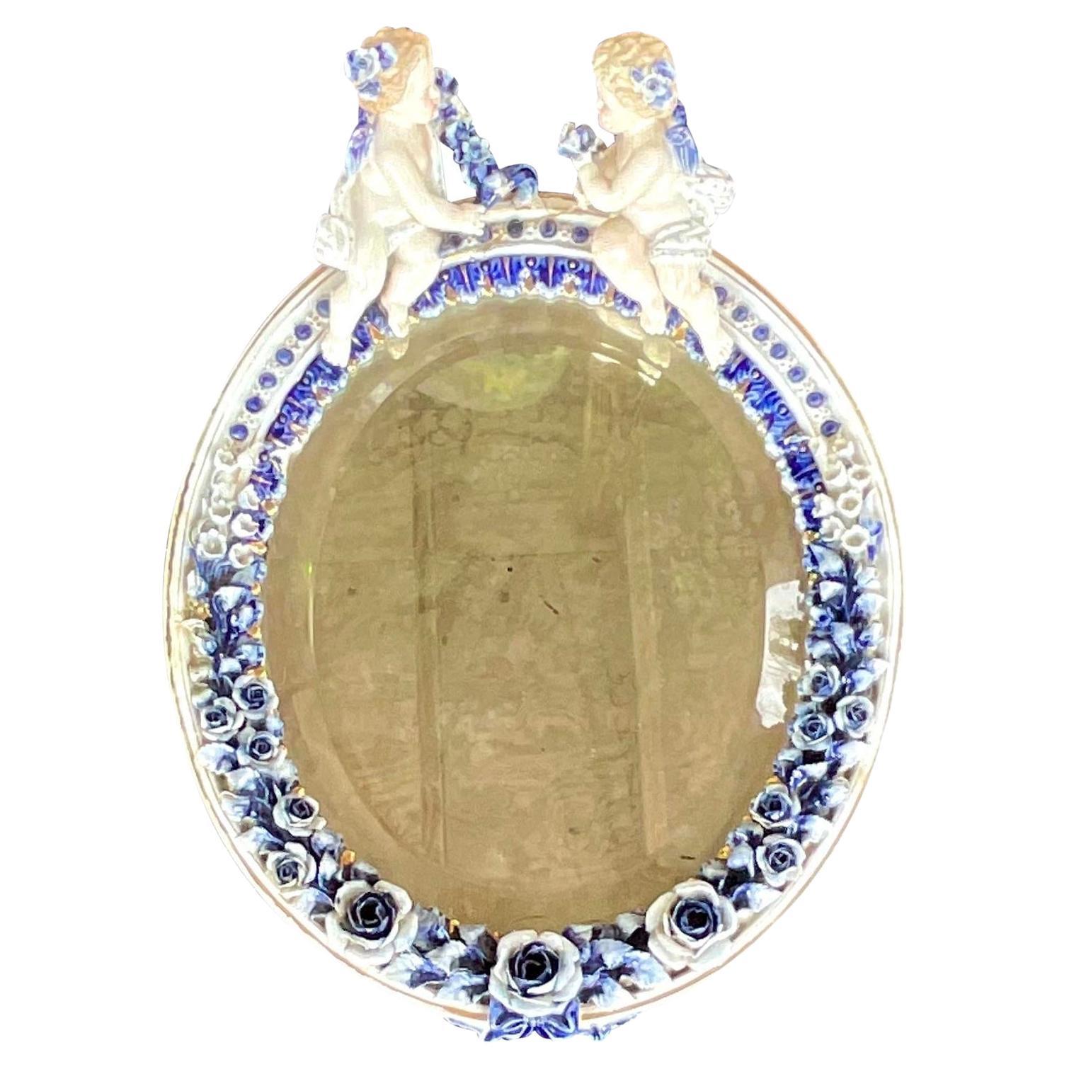 Vintage Boho Glazed Ceramic Putti Cherub Mirror For Sale at 1stDibs