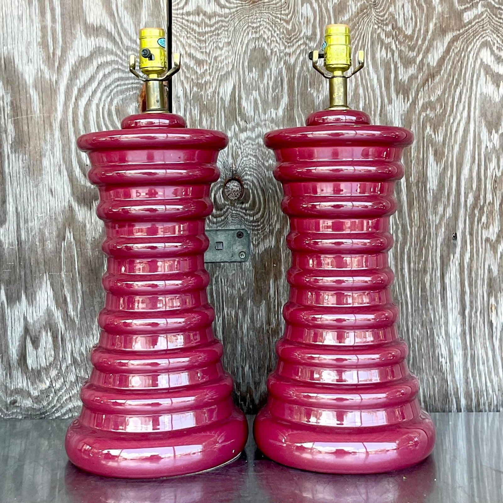 Vintage Boho Glazed Ceramic Ribbed Lamps - a Pair For Sale at 1stDibs