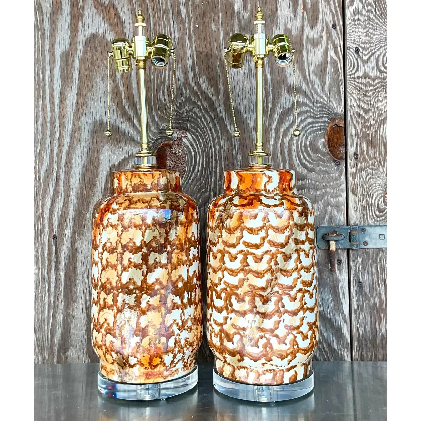 Vintage Boho Glazed Ceramic Table Lamps, a Pair at 1stDibs