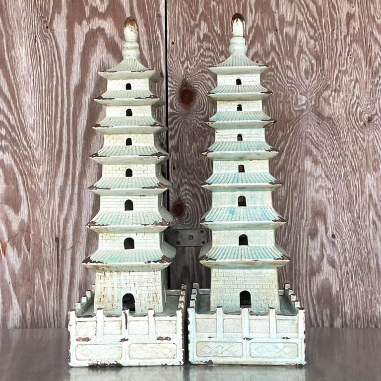 Vintage Boho Glazed Ceramic Tall Pagodas, a Pair For Sale at 1stDibs