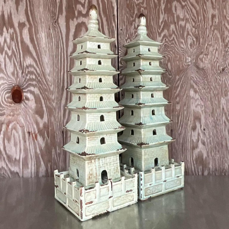 Vintage Boho Glazed Ceramic Tall Pagodas, a Pair For Sale at 1stDibs