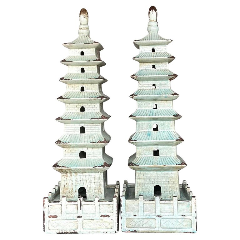 Vintage Boho Glazed Ceramic Tall Pagodas, a Pair For Sale at 1stDibs