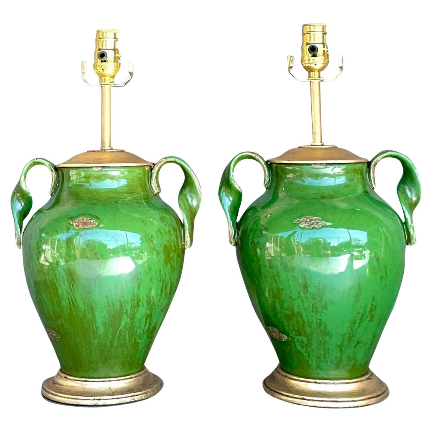 Vintage Boho Glazed Ceramic Twisted Handle Lamps - a Pair For Sale at ...