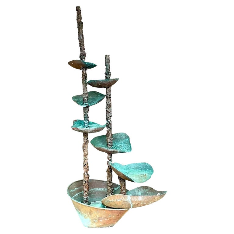 Vintage Boho Hammered Copper Lily Pad Fountain For Sale at 1stDibs