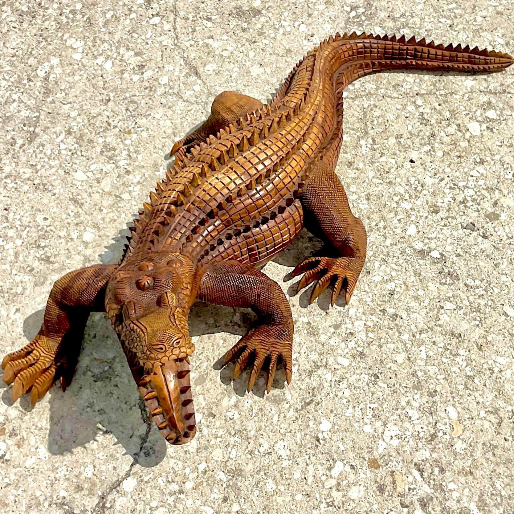 Vintage Boho Hand-Carved Crocodile For Sale at 1stDibs