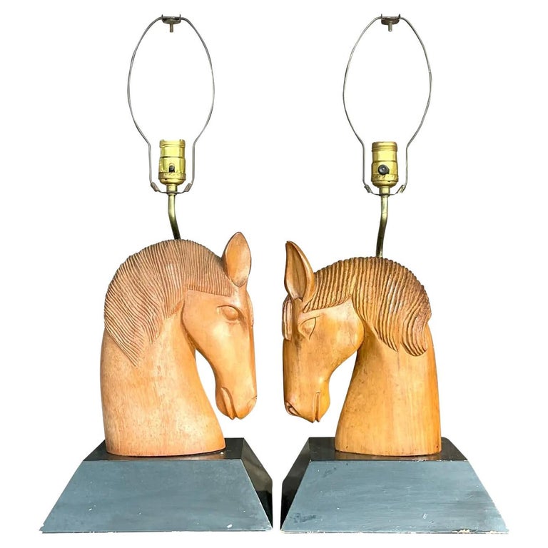 Vintage Boho Hand Carved Horse Head Lamps - a Pair For Sale at 1stDibs