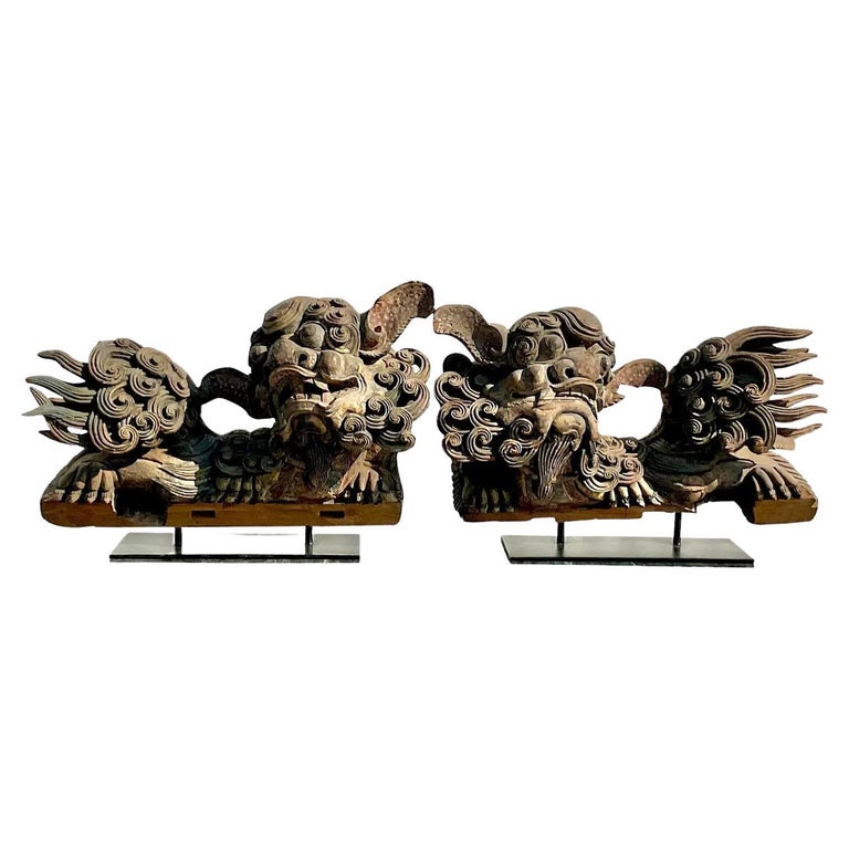 Vintage Boho Hand Carved Temple Foo Dogs, Pair For Sale at 1stDibs