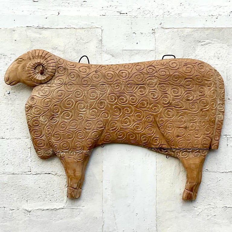 Vintage Boho Hand Carved Wooden Sheep Blade Sign at 1stDibs