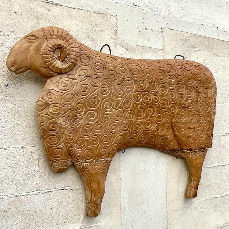 Vintage Boho Hand Carved Wooden Sheep Blade Sign at 1stDibs