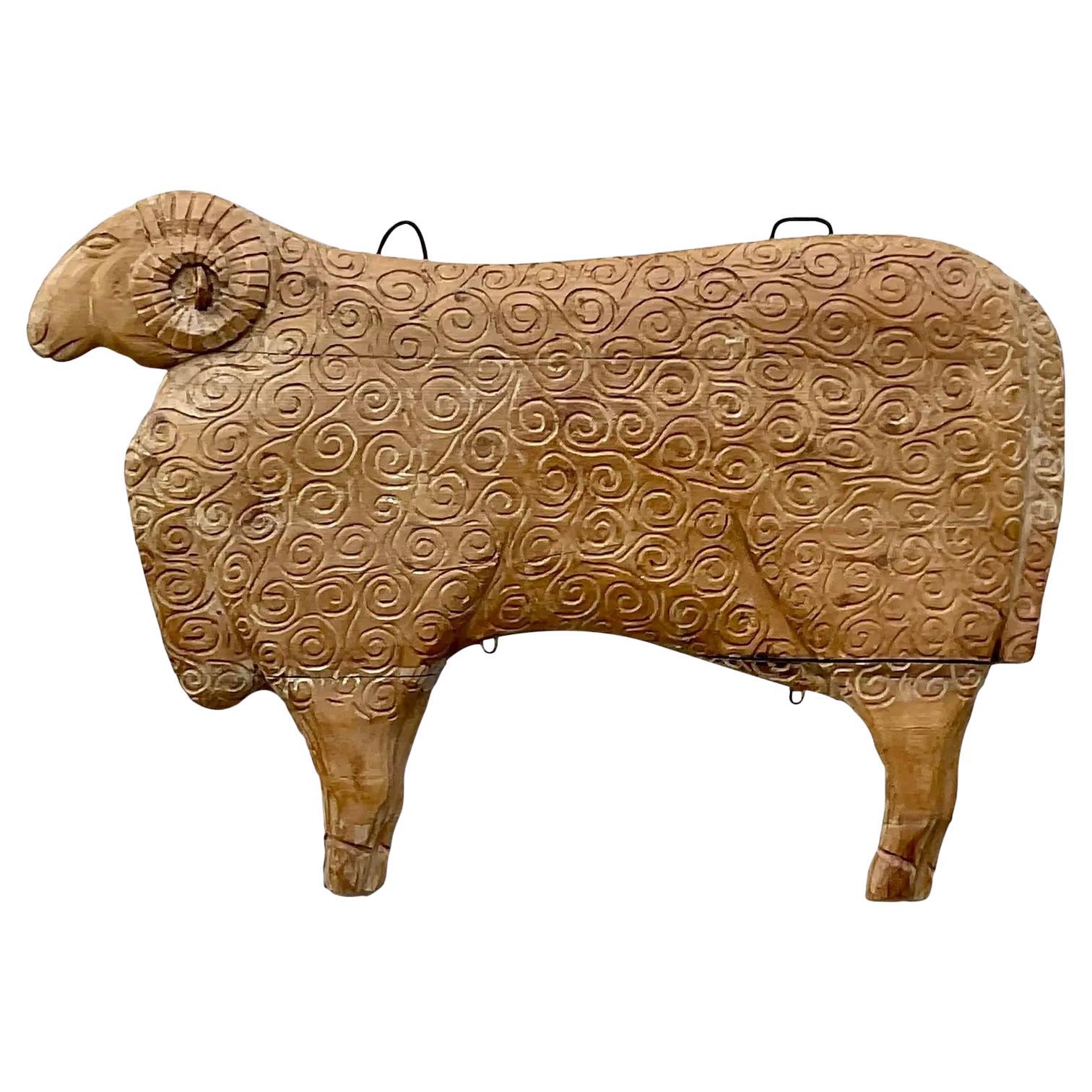 Vintage Boho Hand Carved Wooden Sheep Blade Sign at 1stDibs