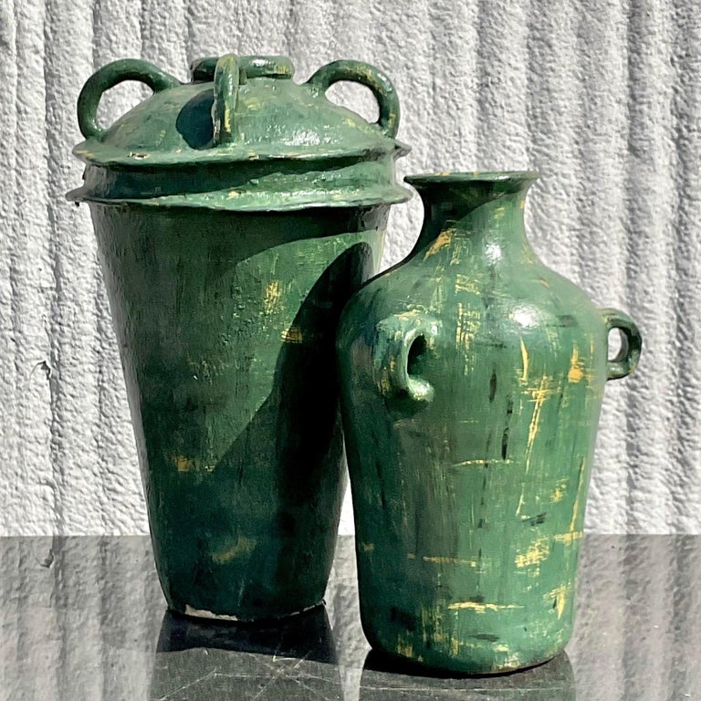 Vintage Boho Hand Painted Clay Urns, Set of 2 For Sale at 1stDibs