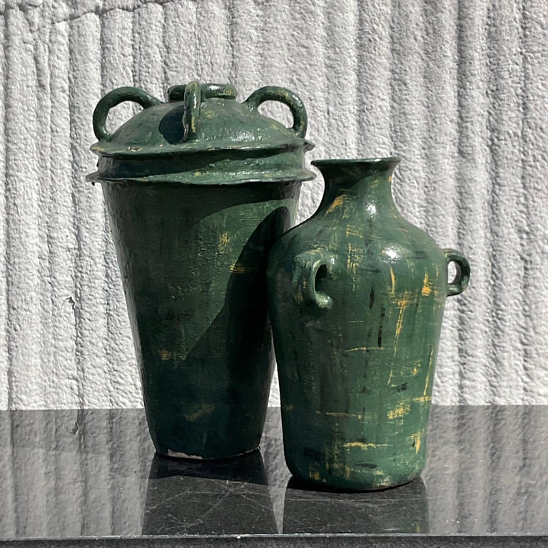 Vintage Boho Hand Painted Clay Urns, Set of 2 For Sale at 1stDibs