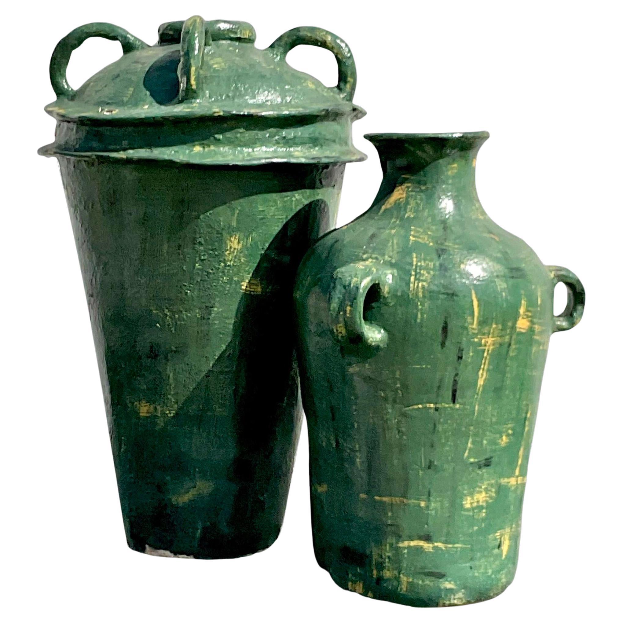 Vintage Boho Painted Terracotta Urn, a Pair For Sale at 1stDibs