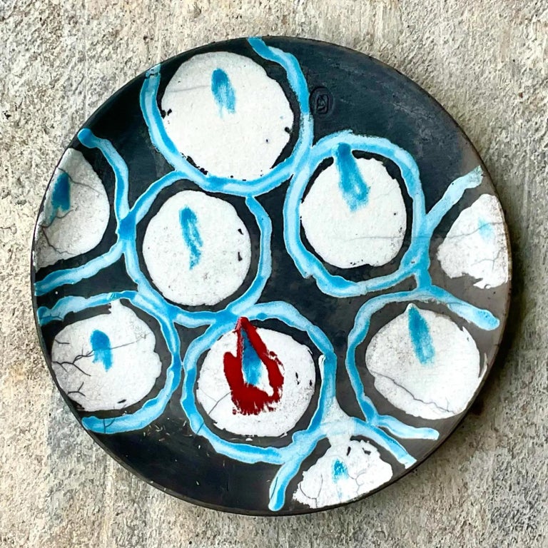 Vintage Boho Hand Painted Signed Studio Pottery Charger For Sale at 1stDibs