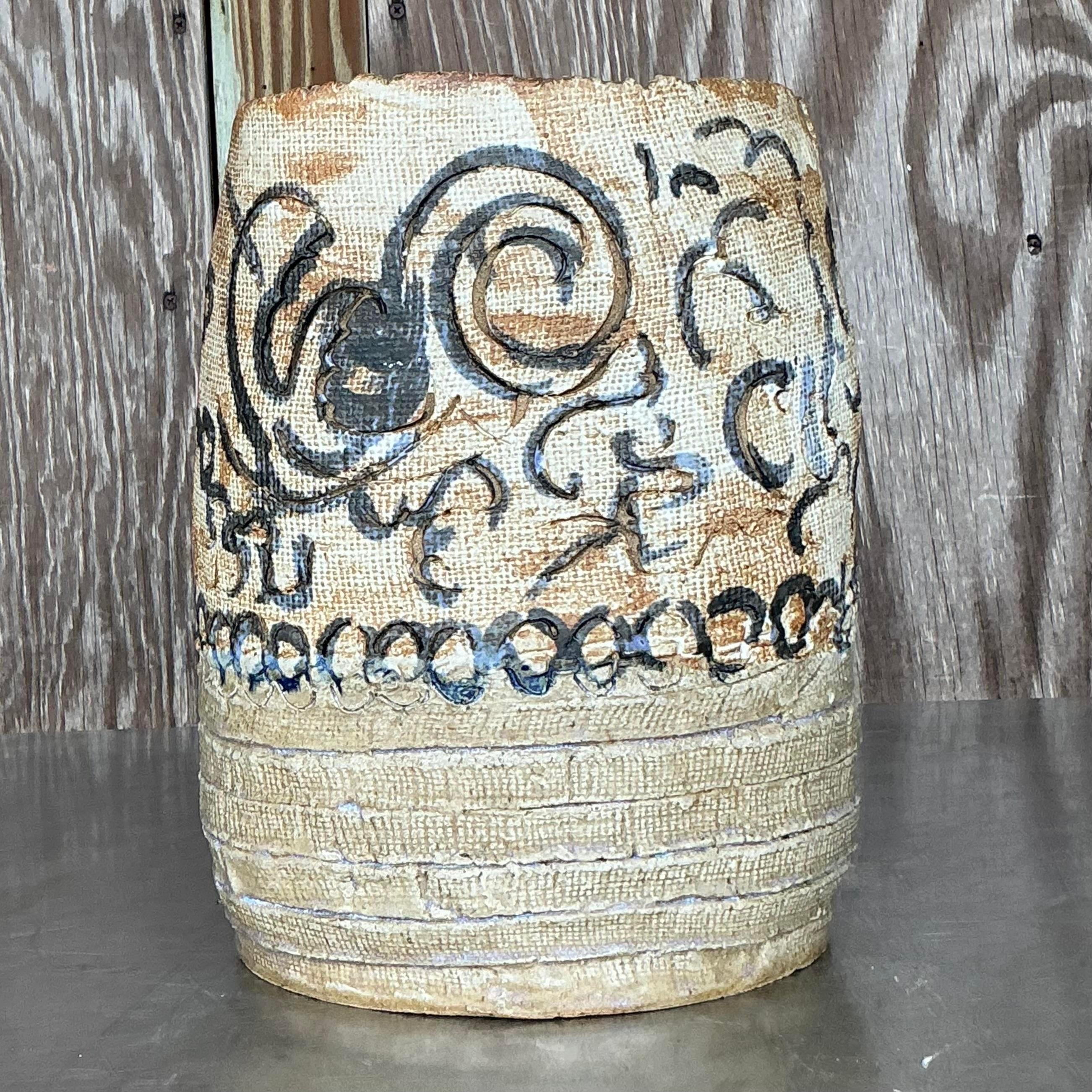 Vintage Boho Hand Painted Studio Pottery Vase For Sale at 1stDibs
