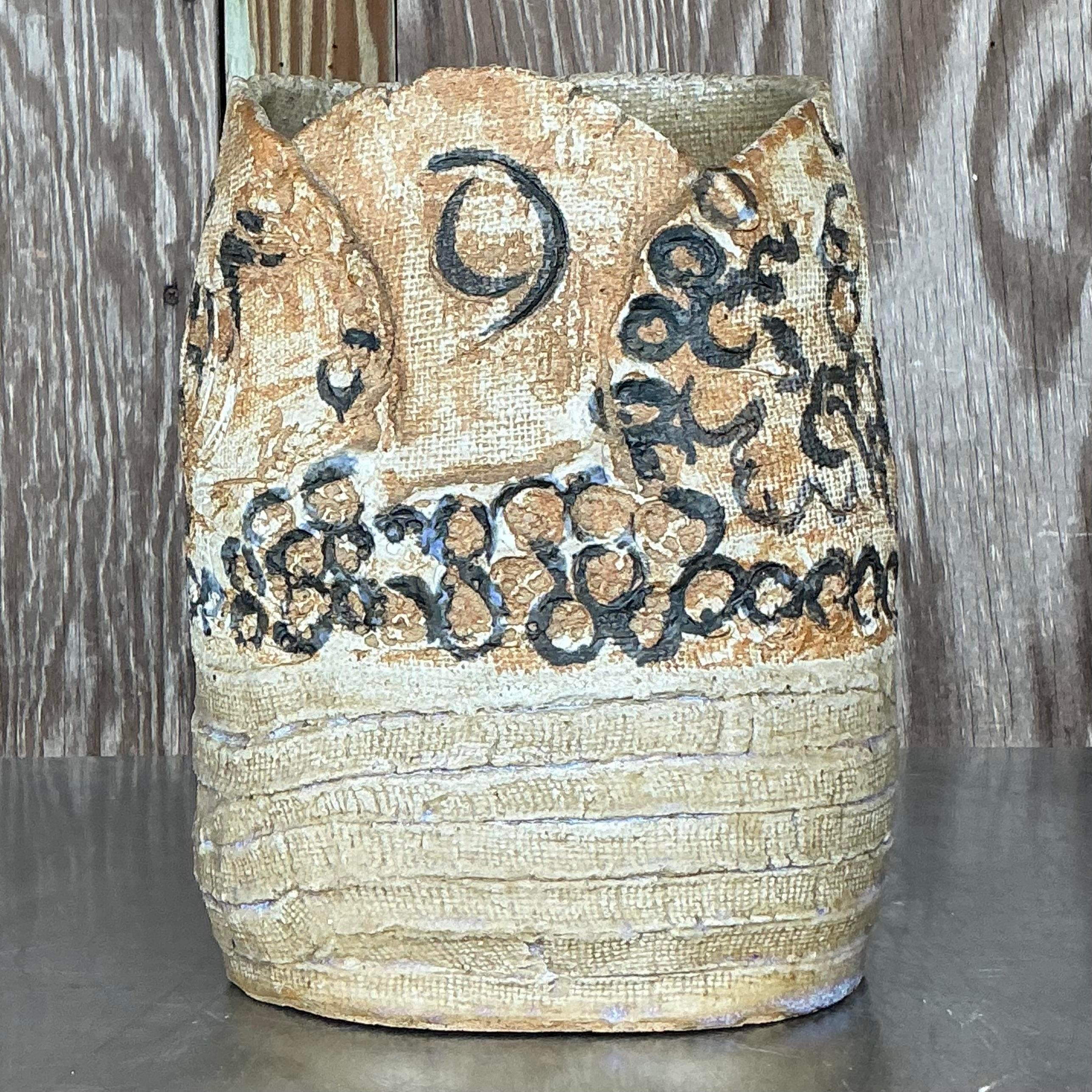 Vintage Boho Hand Painted Studio Pottery Vase For Sale at 1stDibs