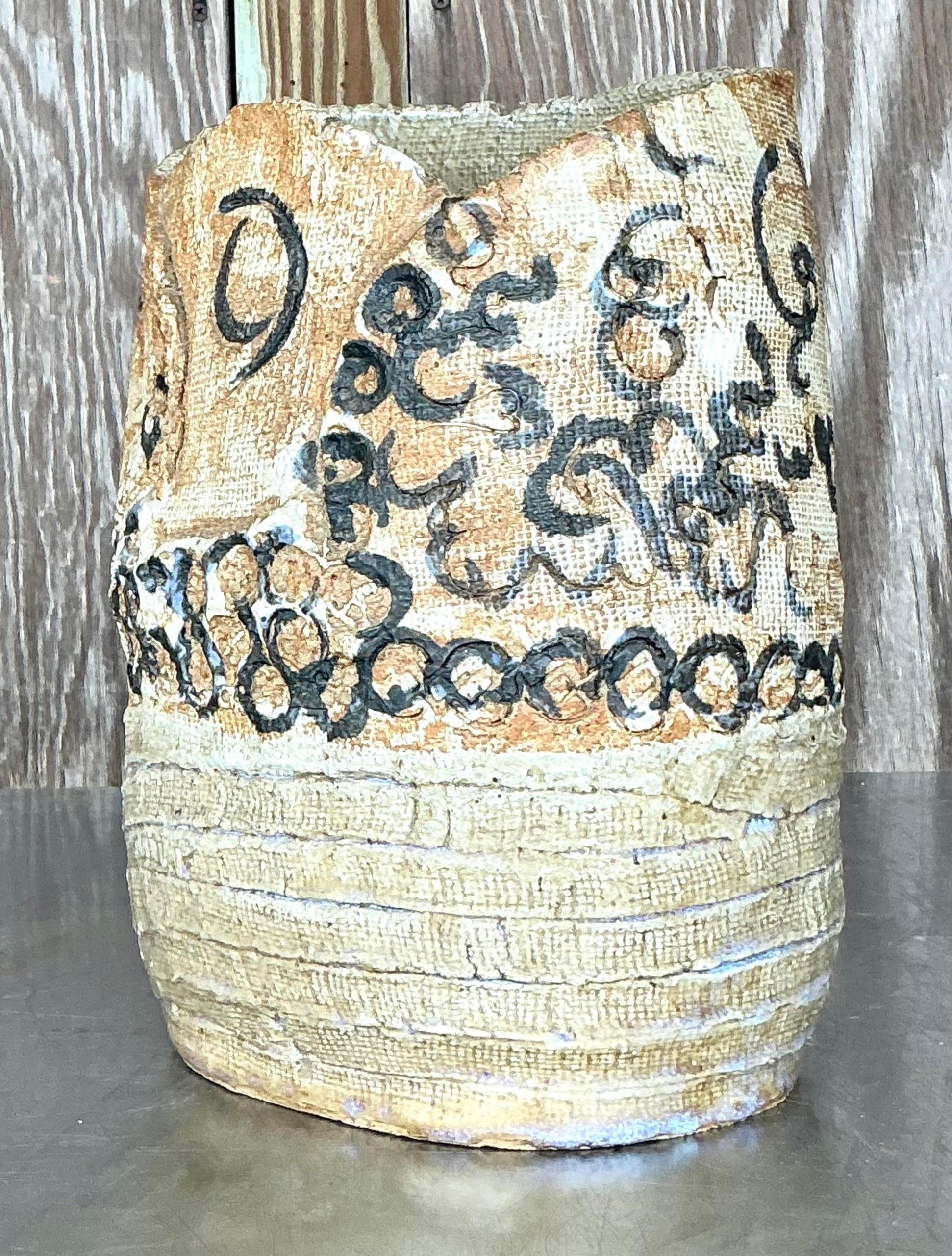 Vintage Boho Hand Painted Studio Pottery Vase For Sale at 1stDibs