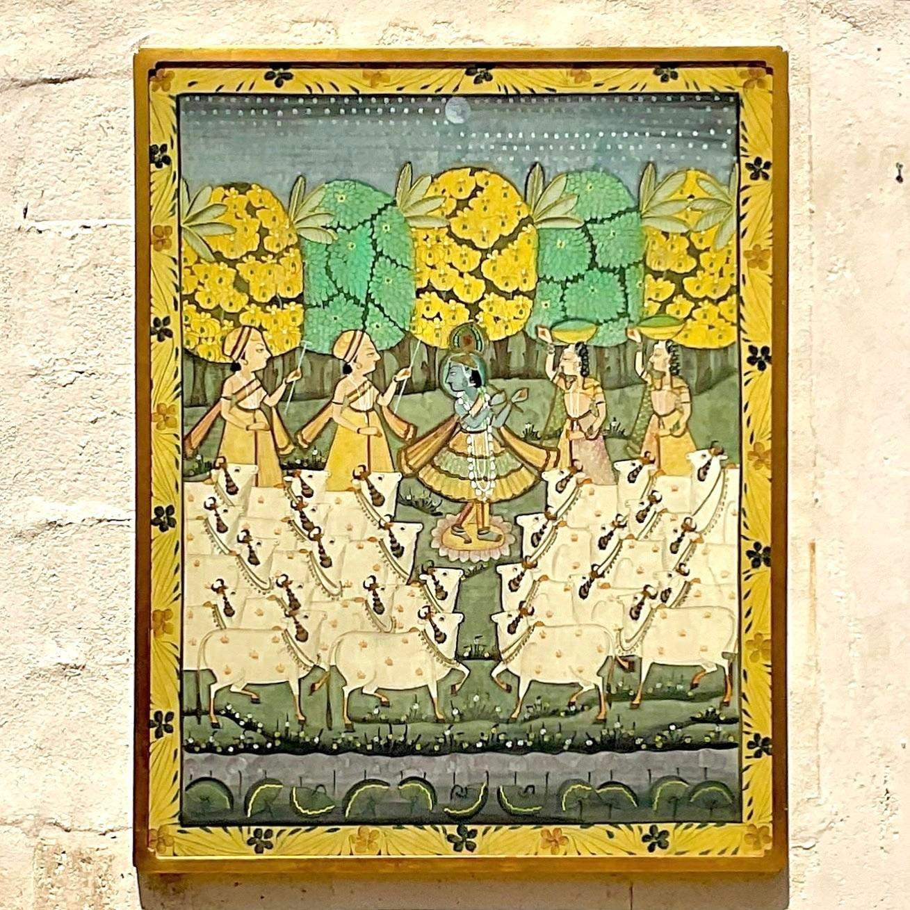 Vintage Boho Indian Pishwaa Painting on Silk For Sale at 1stDibs